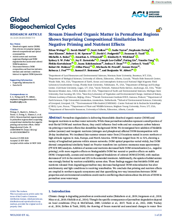 (PDF) Stream Dissolved Organic Matter in Permafrost Regions Shows ...