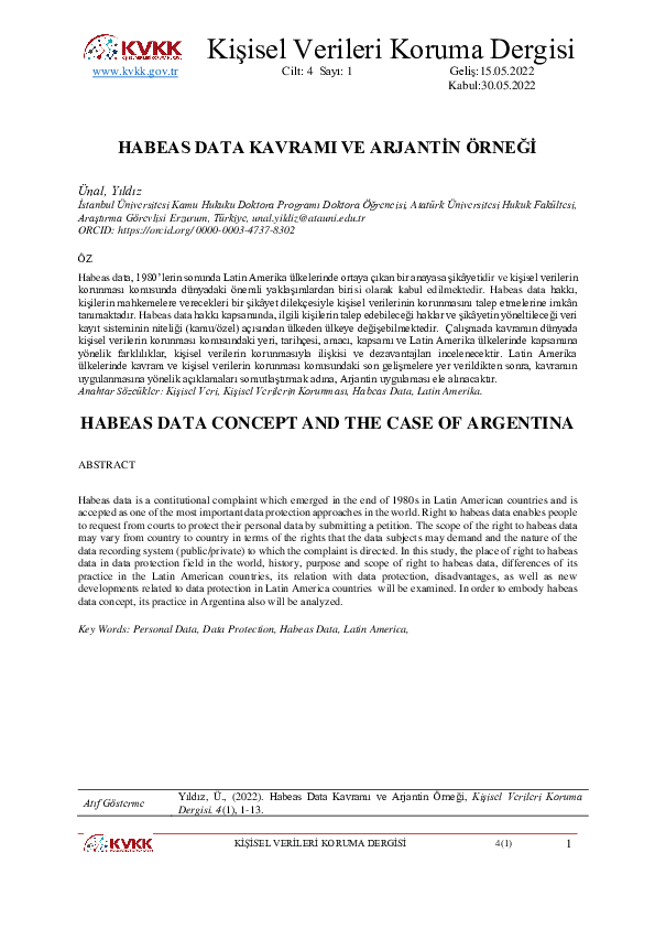 (PDF) Habeas Data Kavramı ve Arjantin Örneği