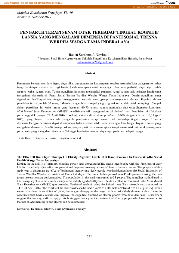 (PDF) Pengaruh Terapi Senam Otak Terhadap Tingkat Kognitif Lansia Yang Mengalami Demensia DI ...