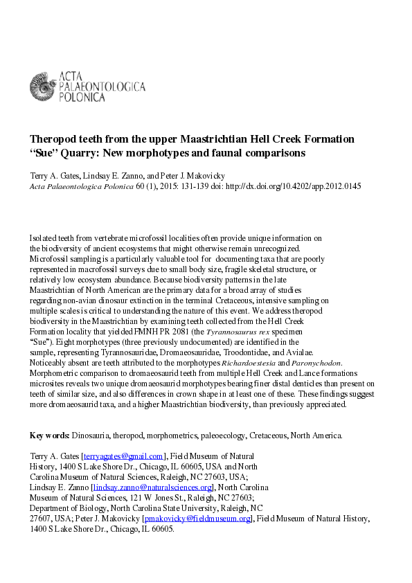 (PDF) Theropod teeth from the upper Maastrichtian Hell Creek Formation ...
