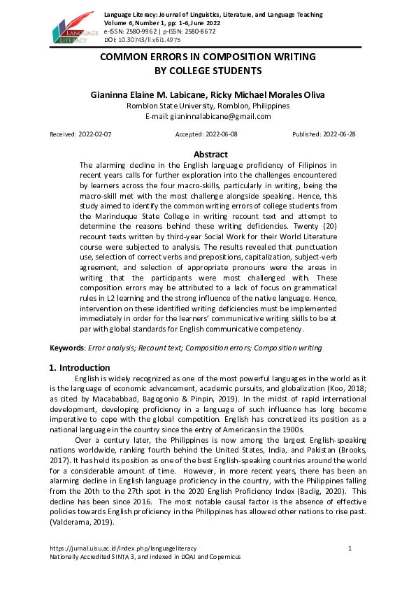 (PDF) Common Errors in Composition Writing by College Students