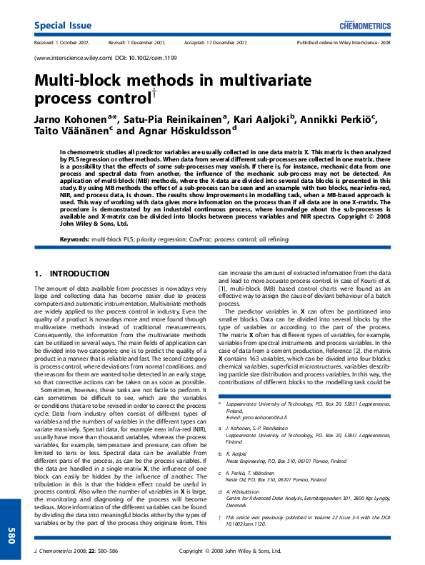 (PDF) Multi-block methods in multivariate process control | SatuPia ...