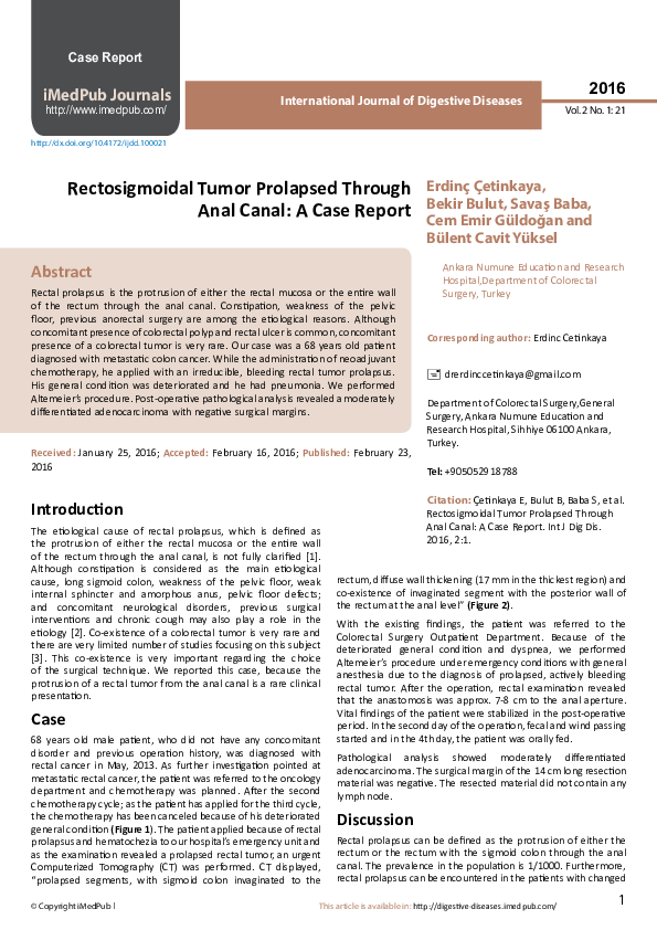 (PDF) Rectosigmoidal Tumor Prolapsed Through Anal Canal: A Case Report ...