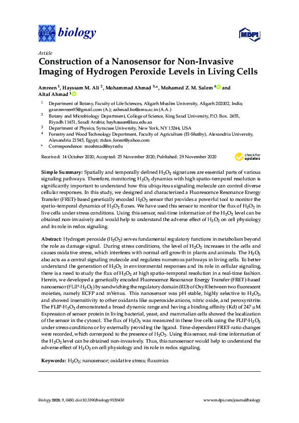 (PDF) Construction of a Nanosensor for Non-Invasive Imaging of Hydrogen Peroxide Levels in ...