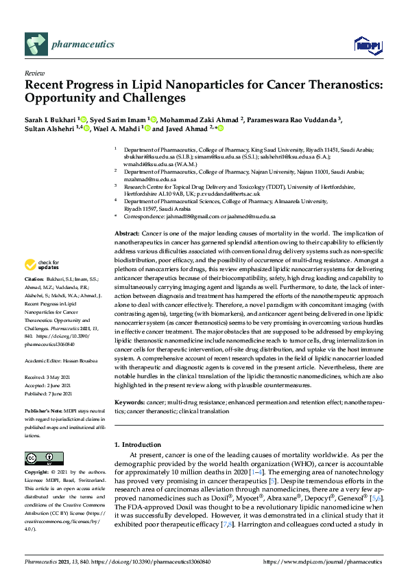 (PDF) Recent Progress in Lipid Nanoparticles for Cancer Theranostics: Opportunity and Challenges