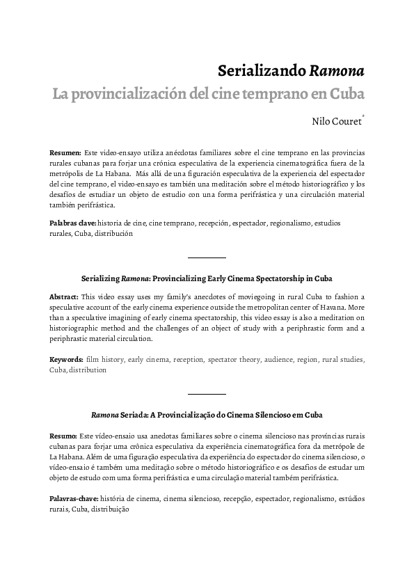 (PDF) Serializando Ramona: La provincialización del cine temprano en Cuba