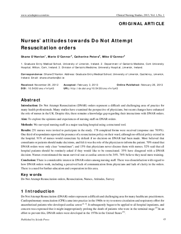(PDF) Nurses’ attitudes towards Do Not Attempt Resuscitation orders (PDF) Nurses’ attitudes towards Do Not Attempt Resuscitation orders