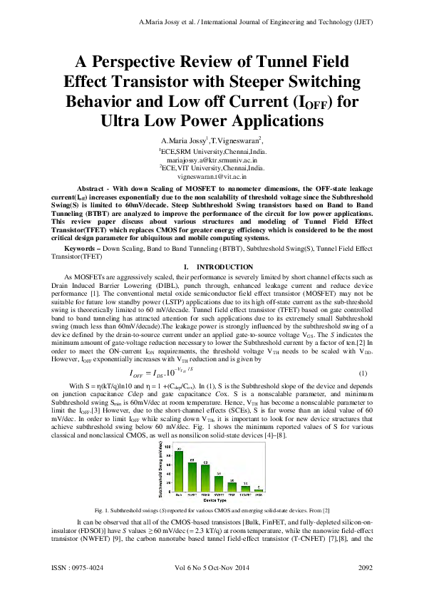 (PDF) A Perspective Review of Tunnel Field Effect Transistor with Steeper Switching Behavior and ...