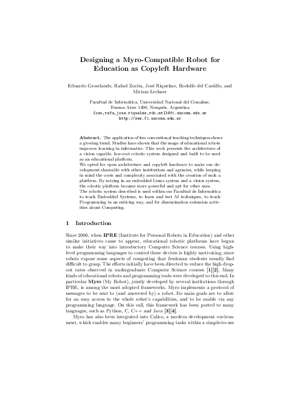 (PDF) Designing a Myro-Compatible Robot for Education as Copyleft Hardware