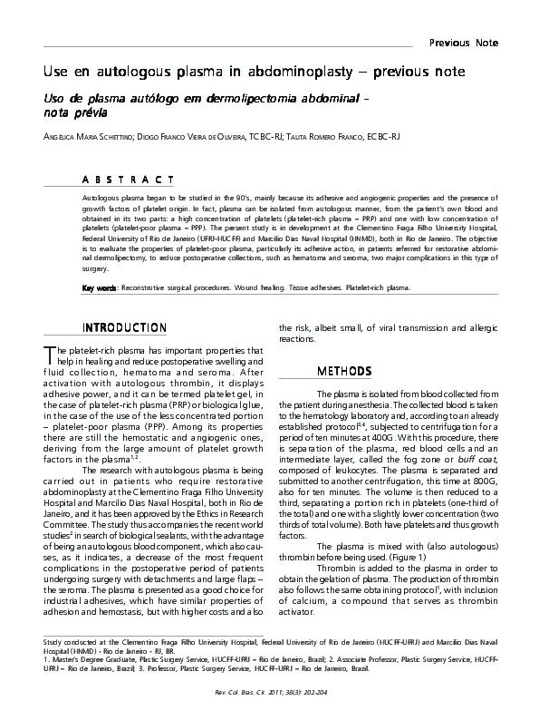 Uso de plasma autólogo em dermolipectomia abdominal: nota prévia