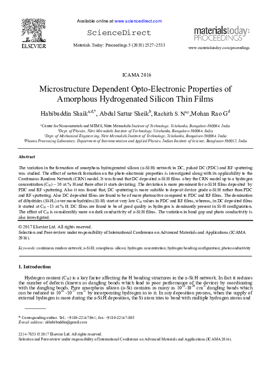 (PDF) Microstructure Dependent Opto-Electronic Properties of Amorphous Hydrogenated Silicon Thin ...