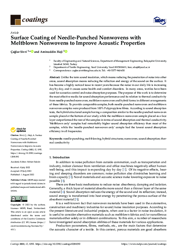 (PDF) Surface Coating of Needle-Punched Nonwovens with Meltblown Nonwovens to Improve Acoustic ...