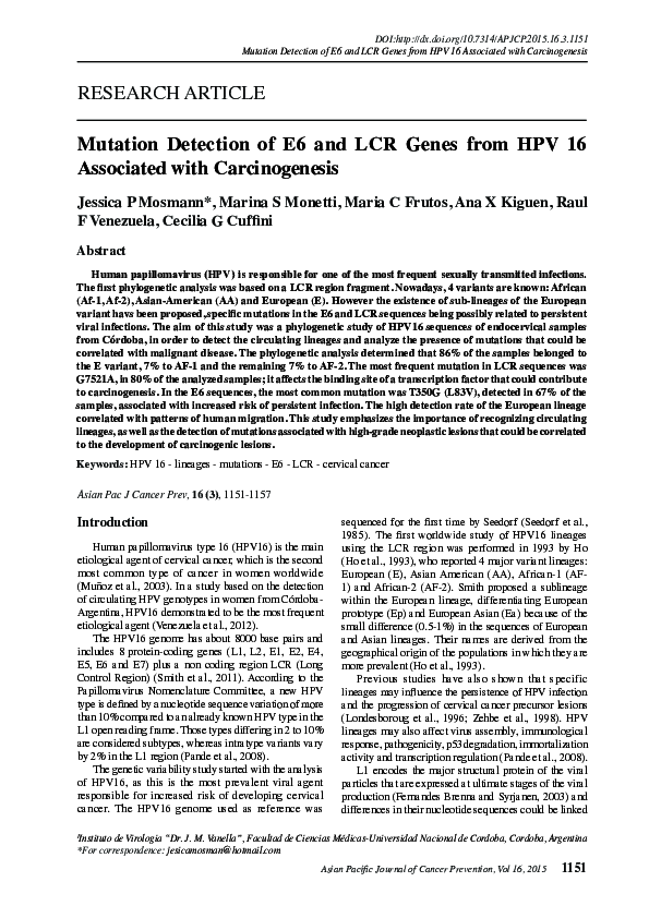 (PDF) Mutation Detection of E6 and LCR Genes from HPV 16 Associated ...