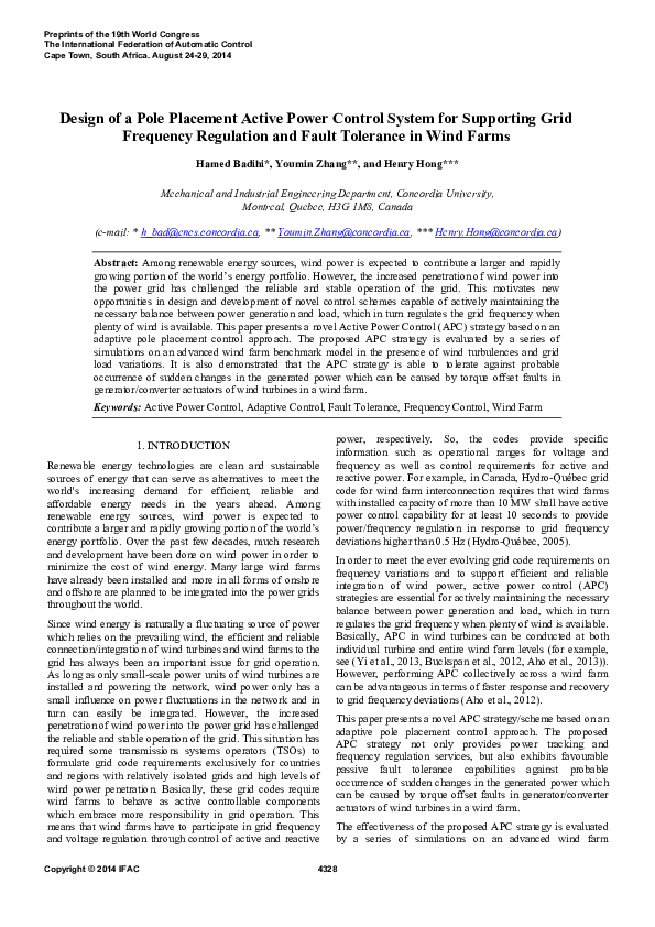 Pdf Design Of A Pole Placement Active Power Control System For Supporting Grid Frequency