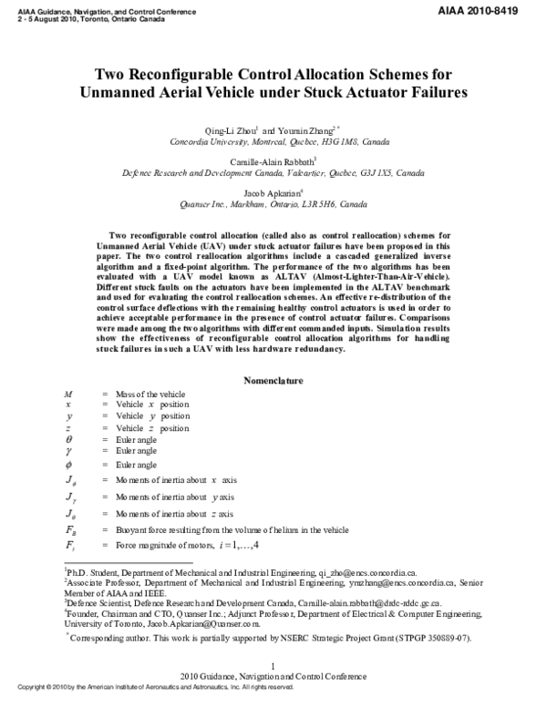 Pdf Two Reconfigurable Control Allocation Schemes For Unmanned Aerial