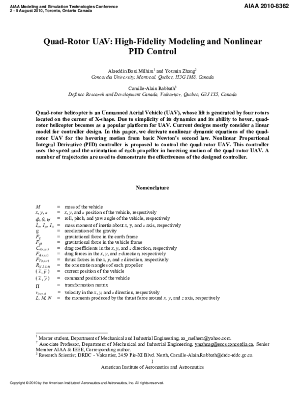 (PDF) Quad-Rotor UAV: High-Fidelity Modeling and Nonlinear PID Control