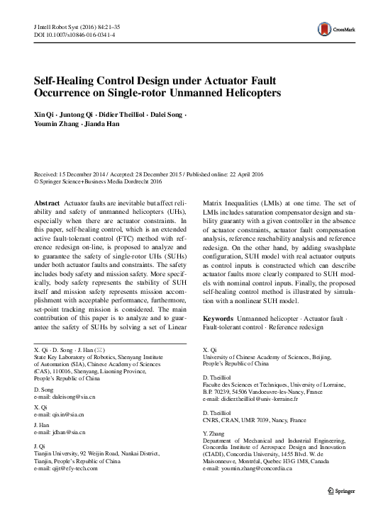(PDF) Self-Healing Control Design under Actuator Fault Occurrence on Single-rotor Unmanned ...