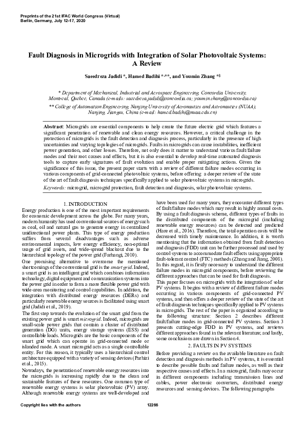 Pdf Fault Diagnosis In Microgrids With Integration Of Solar Photovoltaic Systems A Review