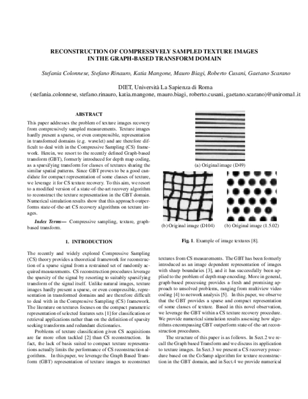 Pdf Reconstruction Of Compressively Sampled Texture Images In The Graph Based Transform Domain