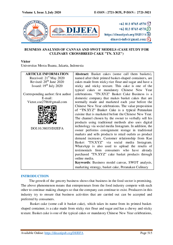(PDF) Business Analysis of Canvas and Swot Models (Case Study for ...