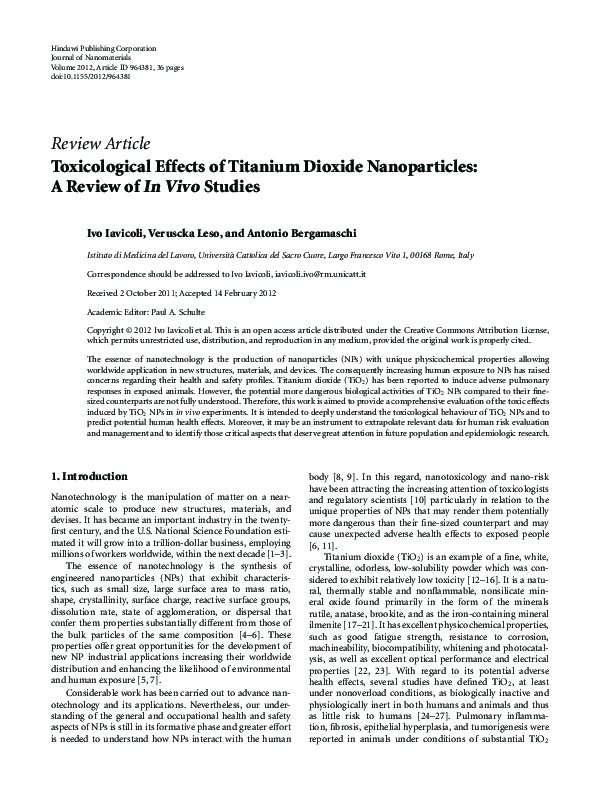 (PDF) Toxicological Effects of Titanium Dioxide Nanoparticles: A Review ofIn VivoStudies | Luca ...
