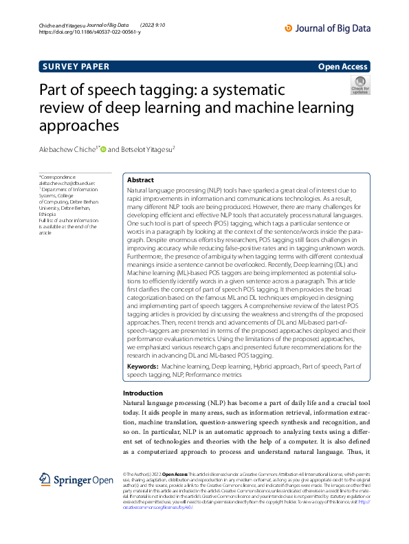 Pdf Part Of Speech Tagging A Systematic Review Of Deep Learning And