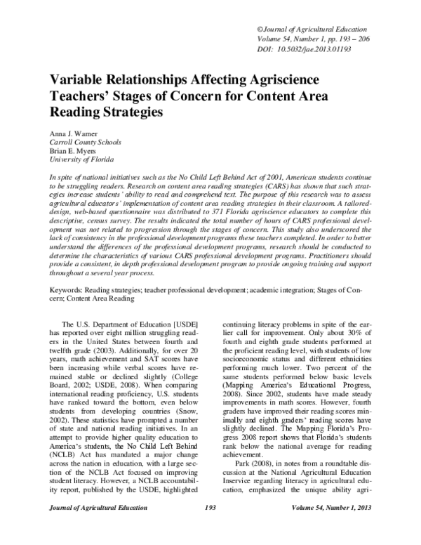 (PDF) Variable Relationships Affecting Agriscience Teachers’ Stages of Concern for Content Area ...
