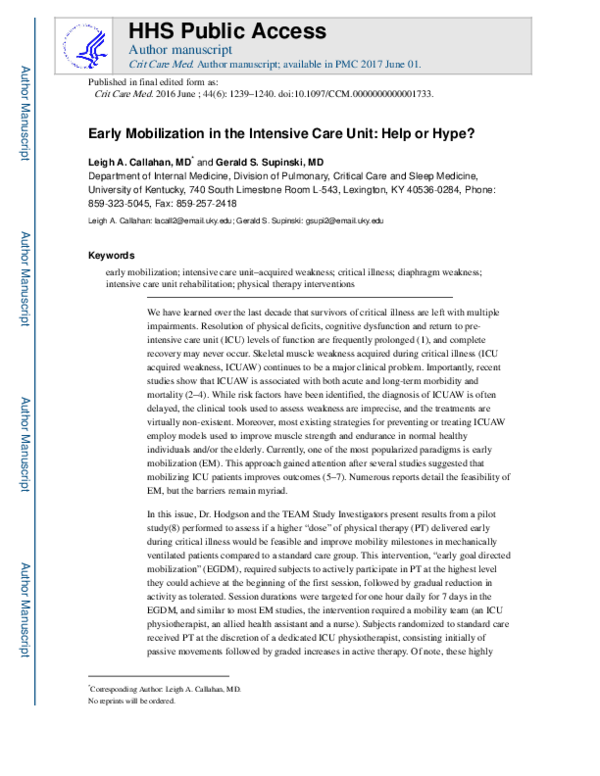 (PDF) Early Mobilization in the ICU