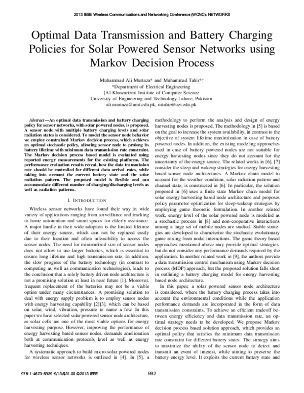 (PDF) Optimal data transmission and battery charging policies for solar powered sensor networks ...