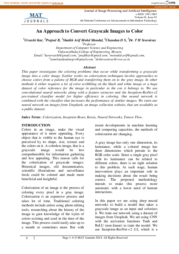 (PDF) An Approach to Convert Grayscale Images to Color