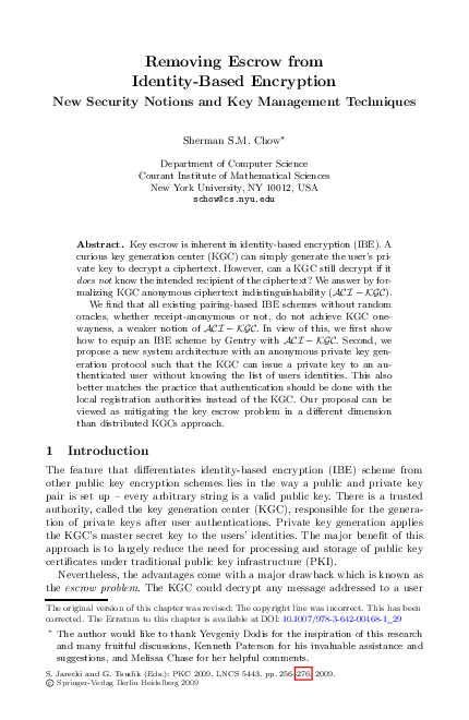 (PDF) Removing Escrow from Identity-Based Encryption