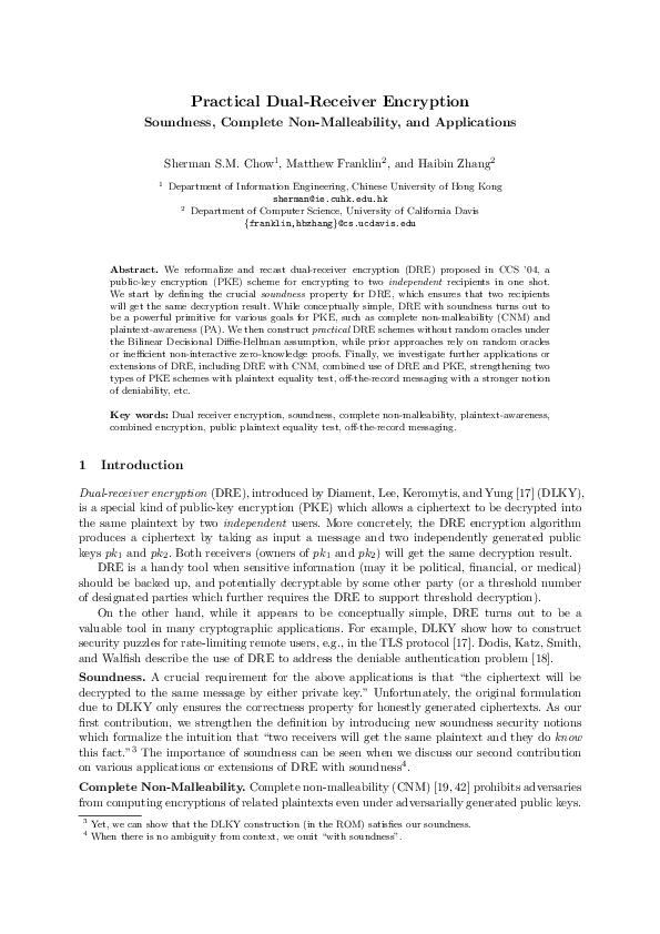 (PDF) Practical Dual-Receiver Encryption | Sherman S.M. Chow - Academia.edu