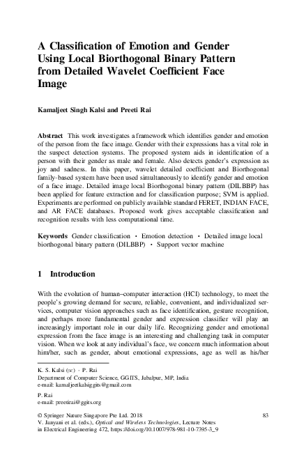 Pdf A Classification Of Emotion And Gender Using Local Biorthogonal