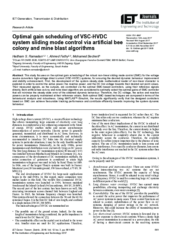 (PDF) Optimal gain scheduling of VSC‐HVDC system sliding mode control via artificial bee colony ...