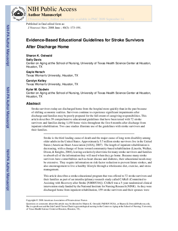 (PDF) Evidence-Based Educational Guidelines for Stroke Survivors After Discharge Home