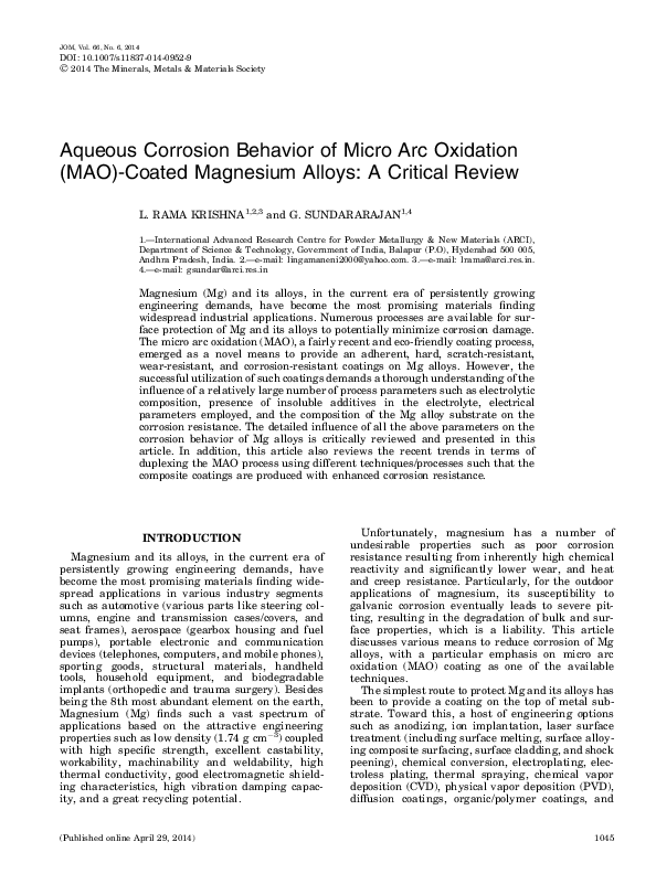 (PDF) Aqueous Corrosion Behavior of Micro Arc Oxidation (MAO)-Coated ...
