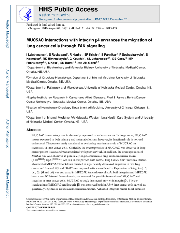 (PDF) MUC5AC-Integrin β4 Interactions in Lung Cancer
