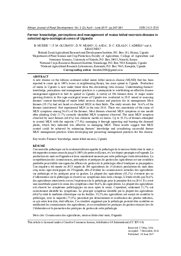 (PDF) Farmer knowledge, perceptions and management of maize lethal necrosis disease in selected ...