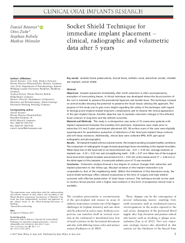 (PDF) Socket Shield Technique for immediate implant placement - clinical, radiographic and ...