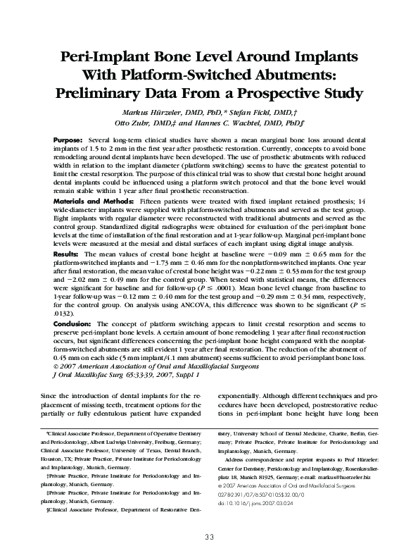 Pdf Peri Implant Bone Level Around Implants With Platform Switched Abutments Preliminary Data