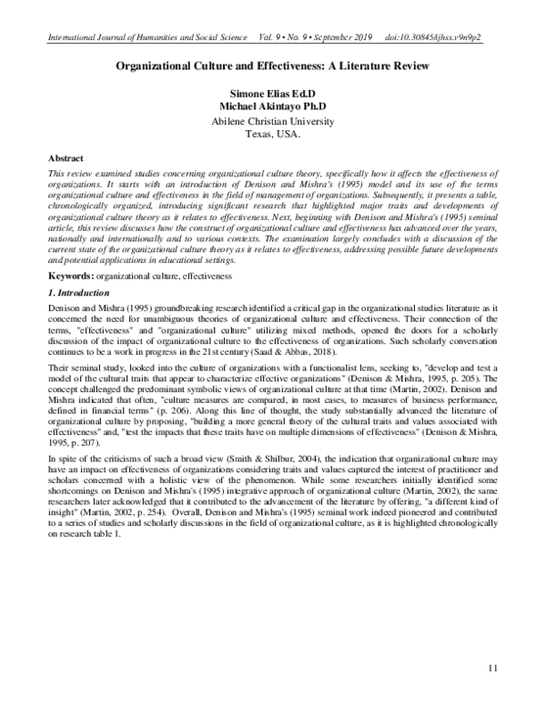 (PDF) Organizational Culture and Effectiveness: A Literature Review