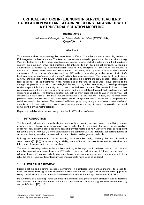 (PDF) Critical factors influencing in service teachers’ satisfaction with an e-learning course ...