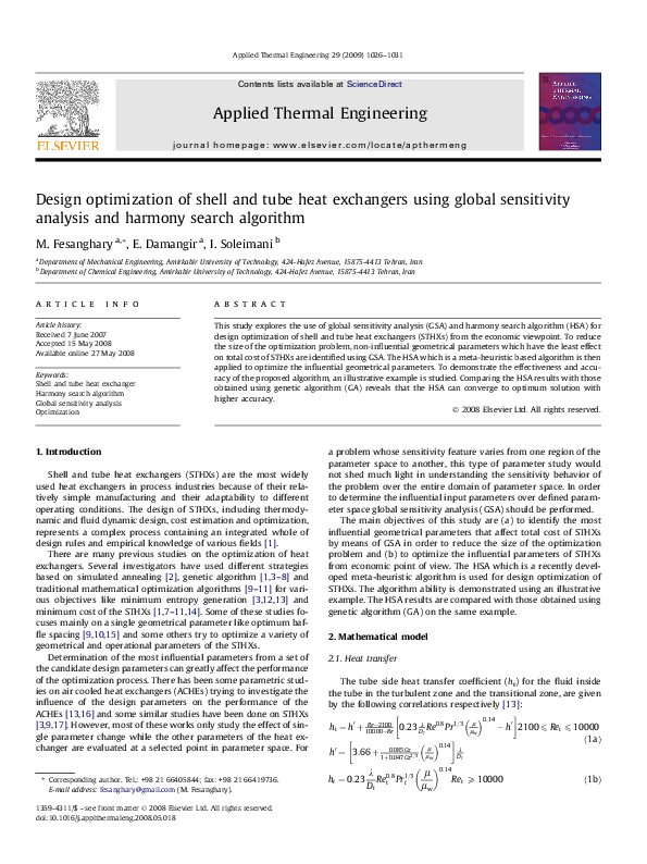 (PDF) Design optimization of shell and tube heat exchangers using global sensitivity analysis ...