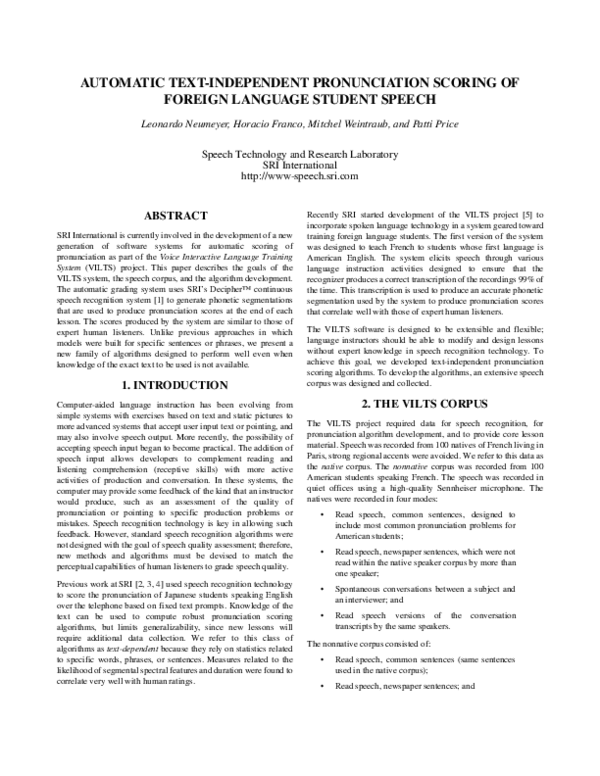 (PDF) Automatic text-independent pronunciation scoring of foreign language student speech