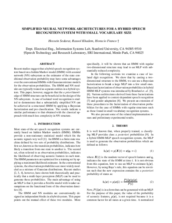 Pdf Simplified Neural Network Architectures For A Hybrid Speech Recognition System With Small