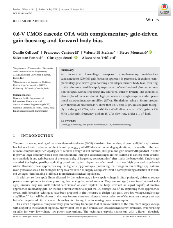 (PDF) 0.6‐V CMOS cascode OTA with complementary gate‐driven gain ...