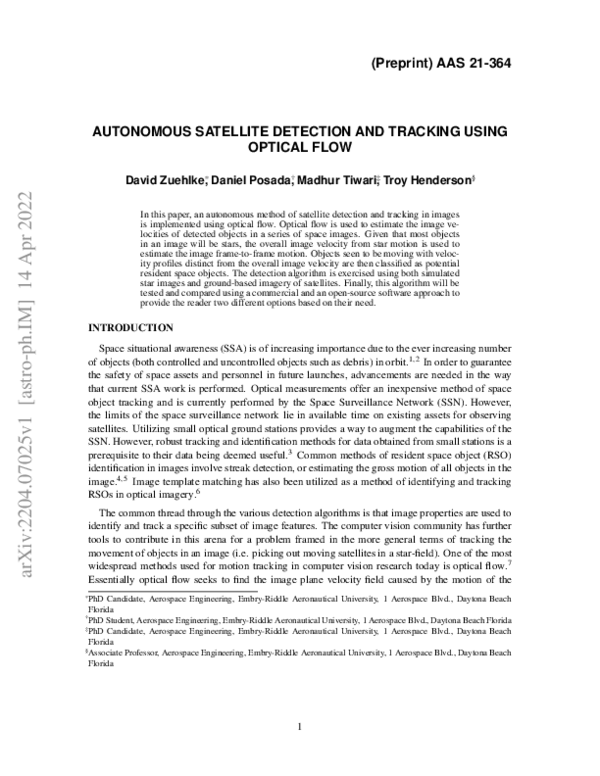 (PDF) Autonomous Satellite Detection and Tracking using Optical Flow