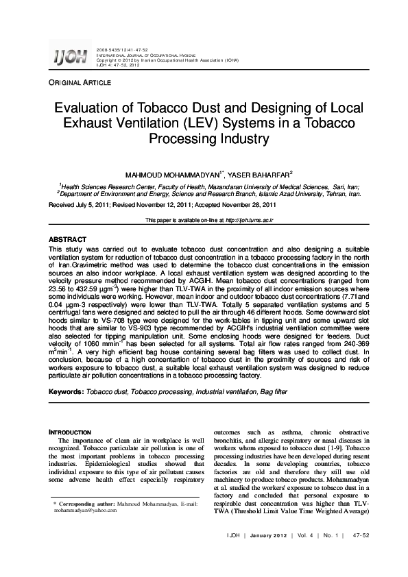 (PDF) Evaluation of Tobacco Dust and Designing of Local Exhaust ...