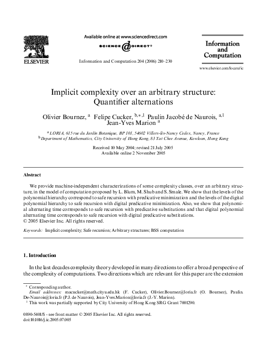 (PDF) Implicit complexity over an arbitrary structure: Quantifier alternations
