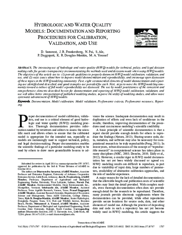 (PDF) Hydrologic and Water Quality Models: Documentation and Reporting ...